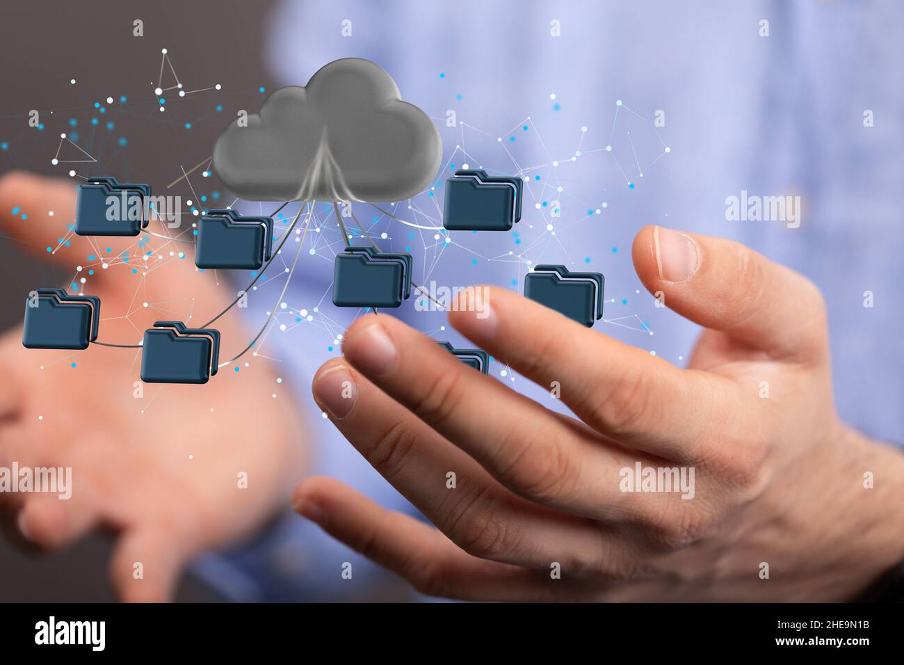 Shallow focus of human hands holding cloud and file icons, cloud ...