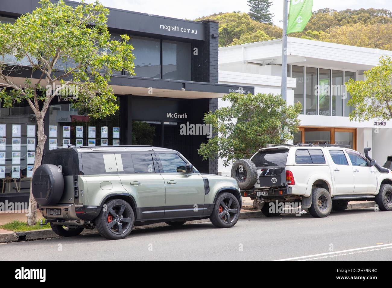 Land Rover defender 110 Pangea Green parked in a Sydney street, January ...