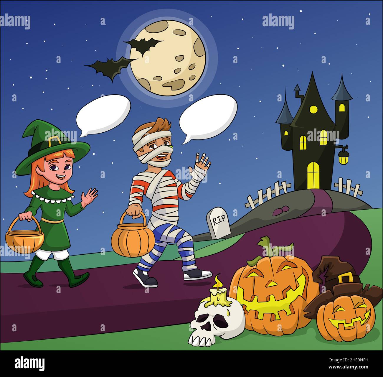 Cartoon vector illustration of a boy and girl trick or treating Stock ...