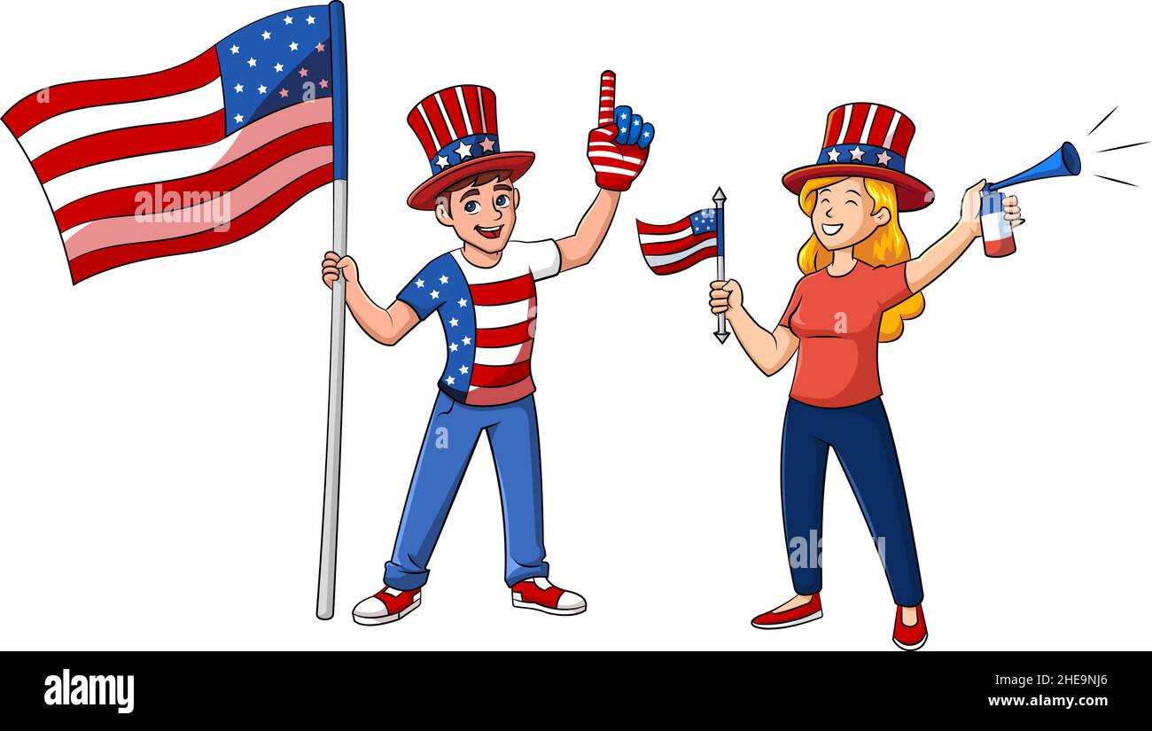 Cartoon vector illustration of a Independence Day boy and girl waving ...