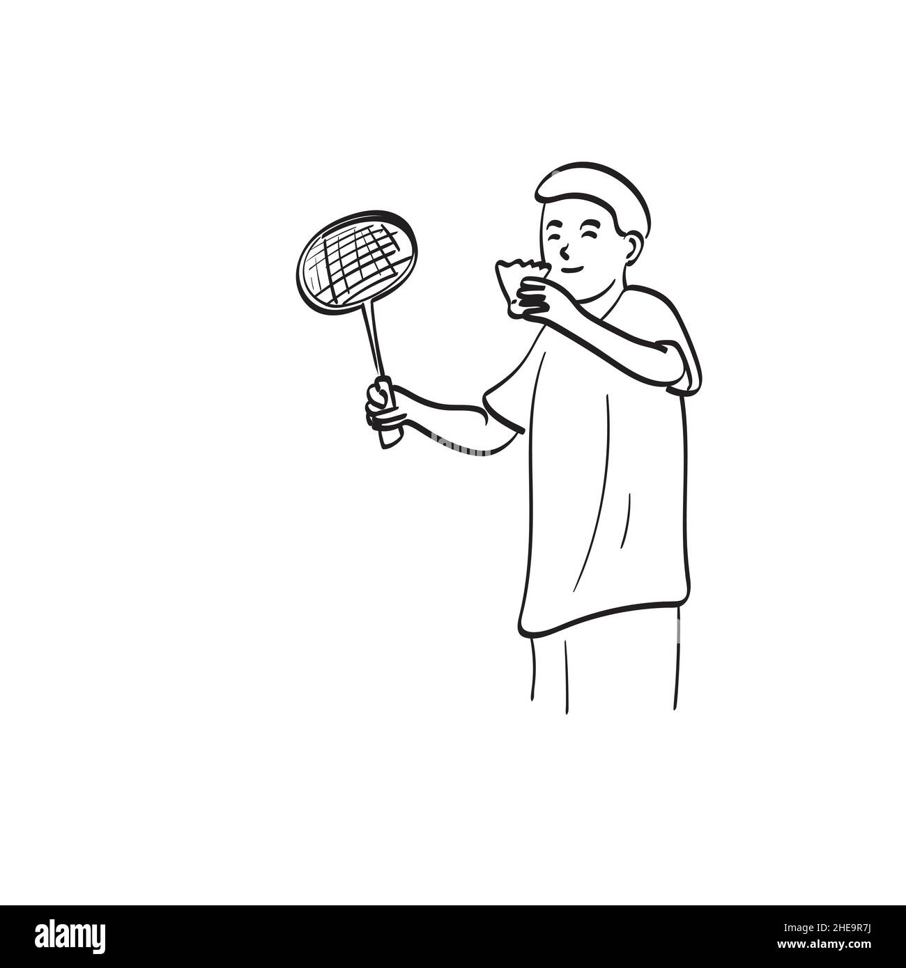 line art boy playing badminton with racket and shuttlecock in hands ...