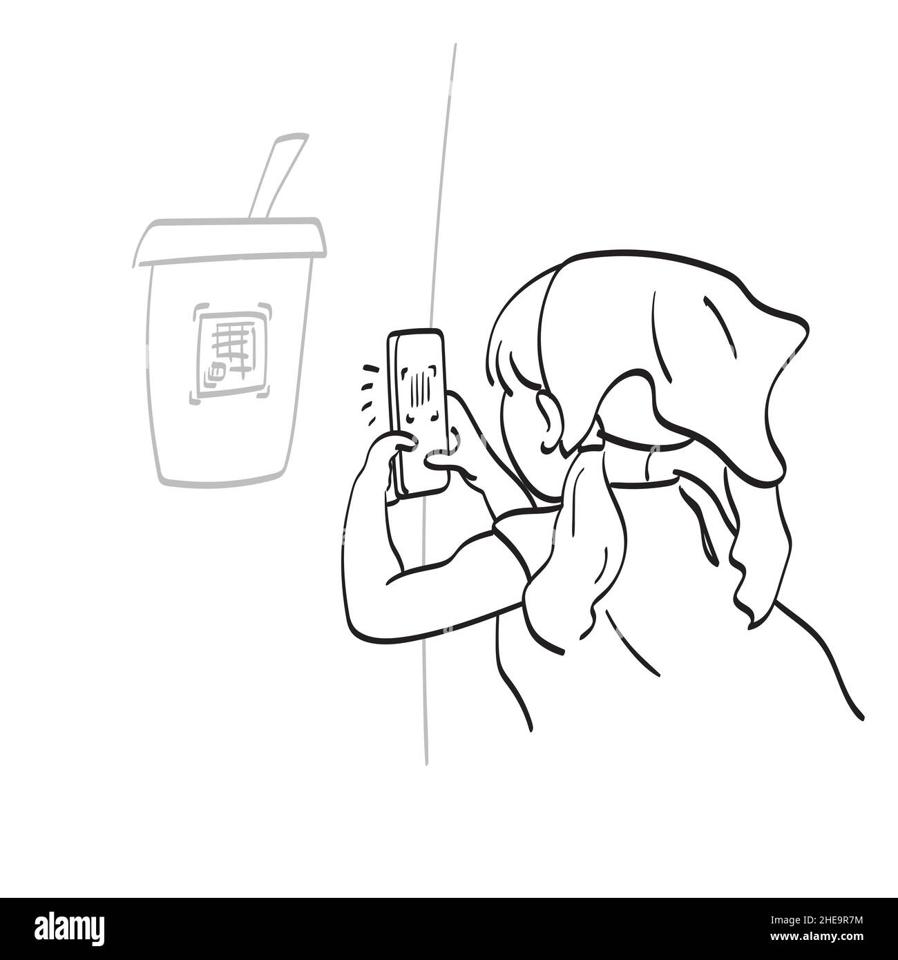 line art girl scanning tag in coffee shop to pay online illustration ...