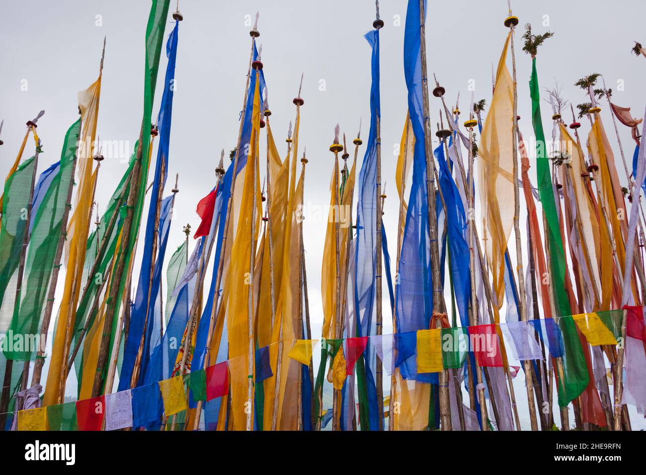 Prayer flags in Chelela Pass in the Himalayas, the highest motorable ...