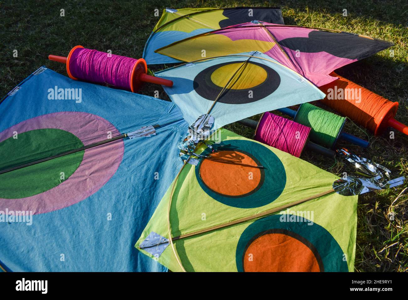 Sankranti kites patang flying outdoors. Colorful kites during kite ...