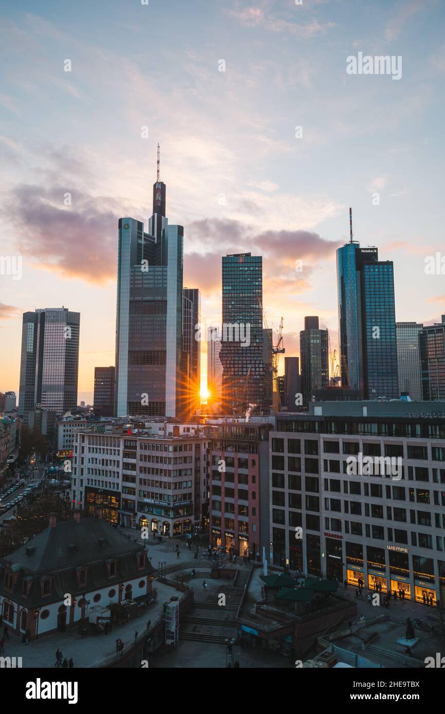 Vertical shot of the Frankfurt skyline in Germany during sunset Stock ...