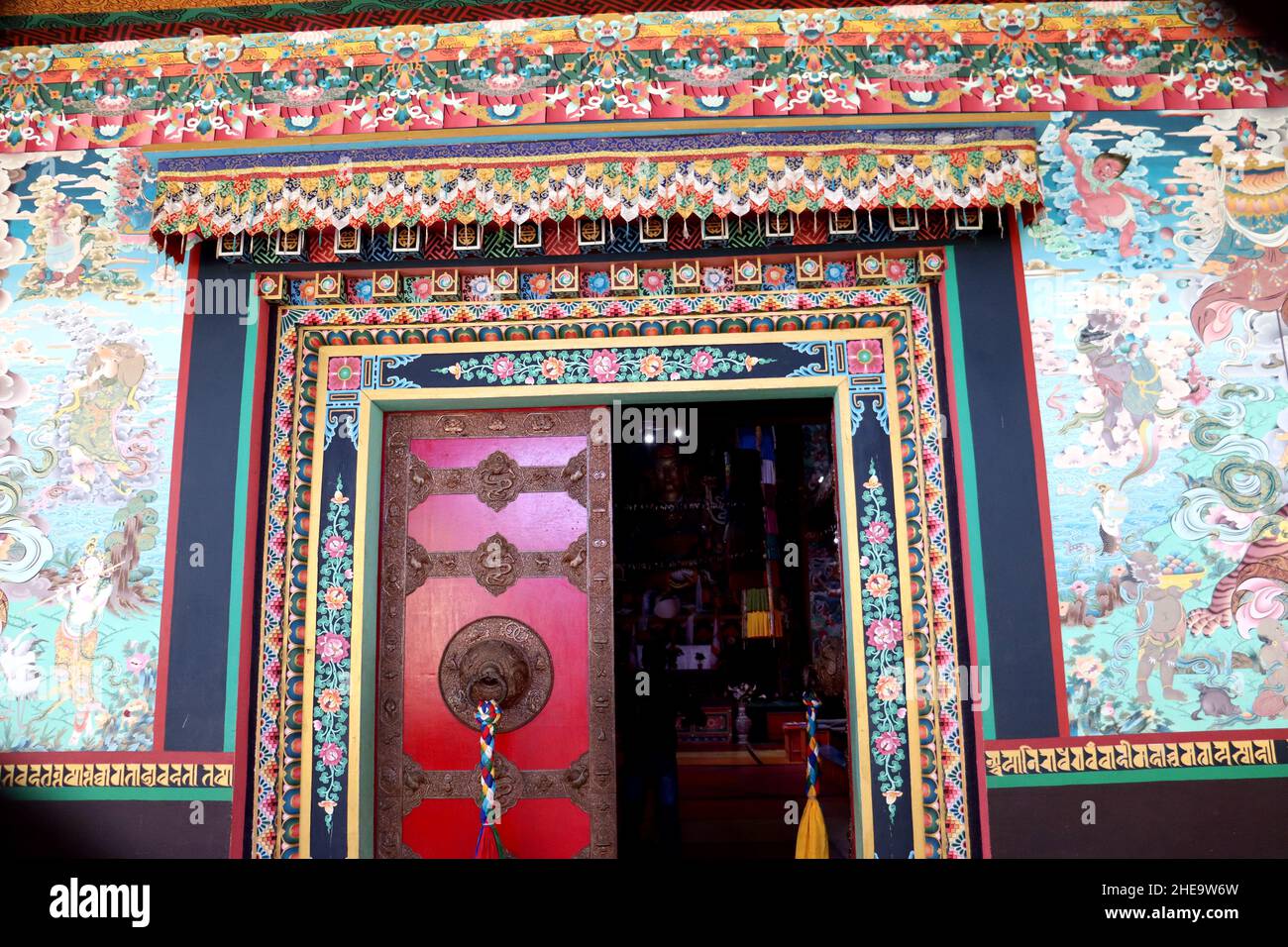 Colourful design on a wall of a Monastery in Tawang Arunachal Prodesh ...