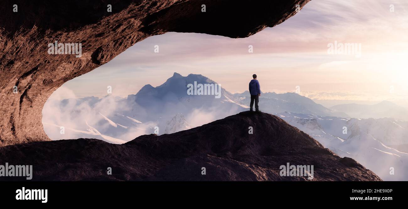 Dramatic Adventurous Scene with Man standing inside a Rocky Cave Stock ...