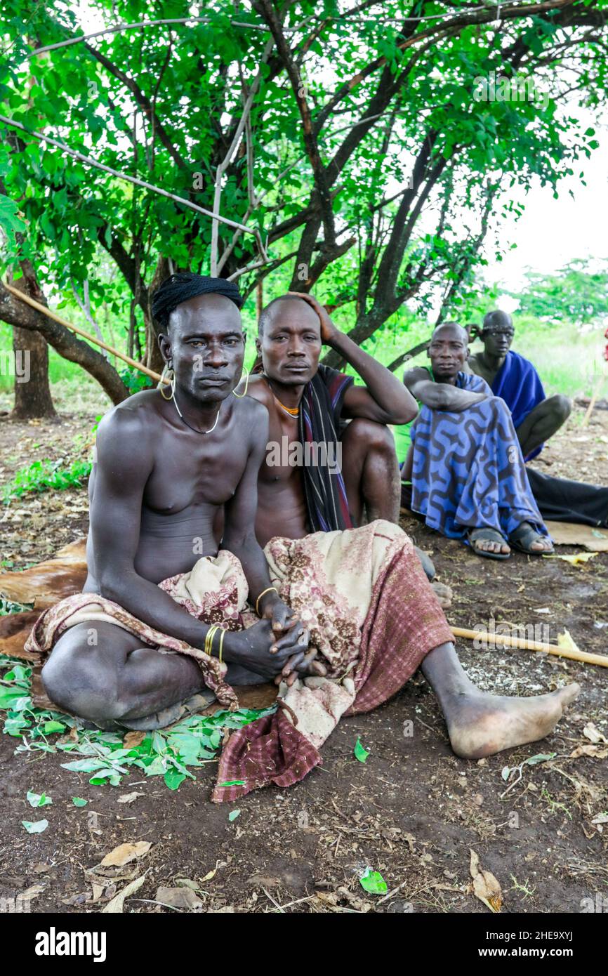 Omo River Valley, Ethiopia, November 2020, Men in traditional outfits ...