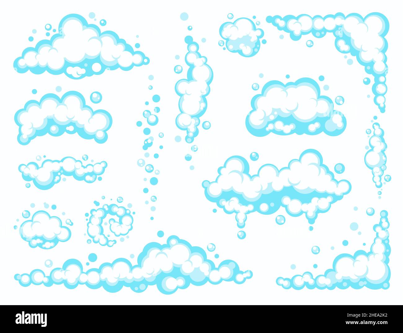 Cartoon soap foam set with bubbles. Light blue suds of bath, shampoo ...