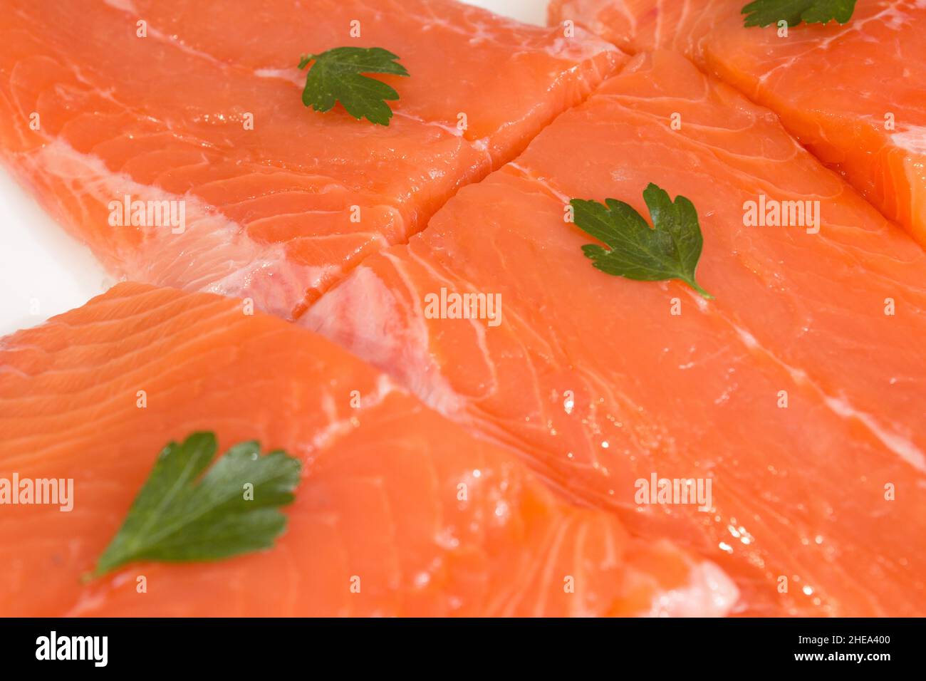 Half fresh salmon just cut into loins garnished with fresh parsley ...
