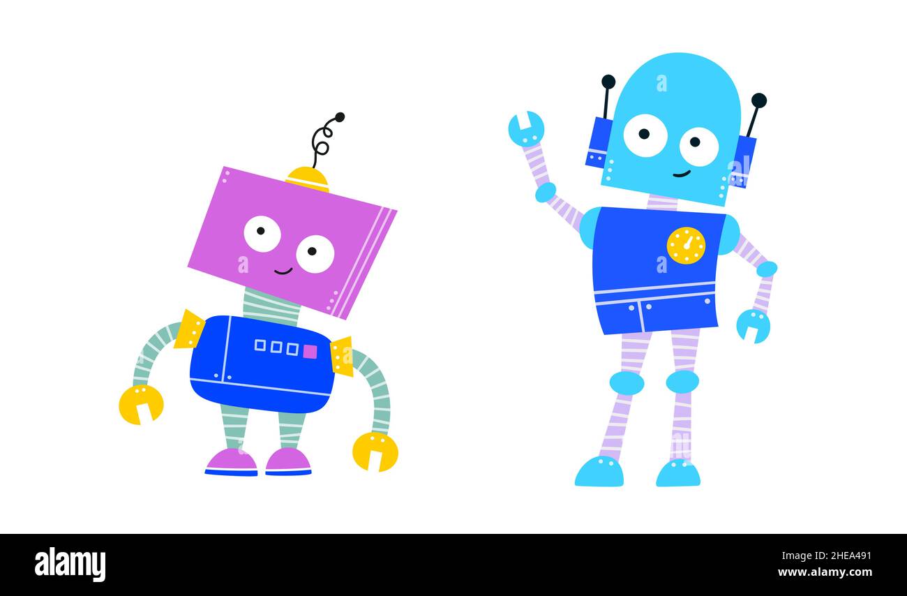 Happy funny cartoon childish robots character. Colorful kids robots ...