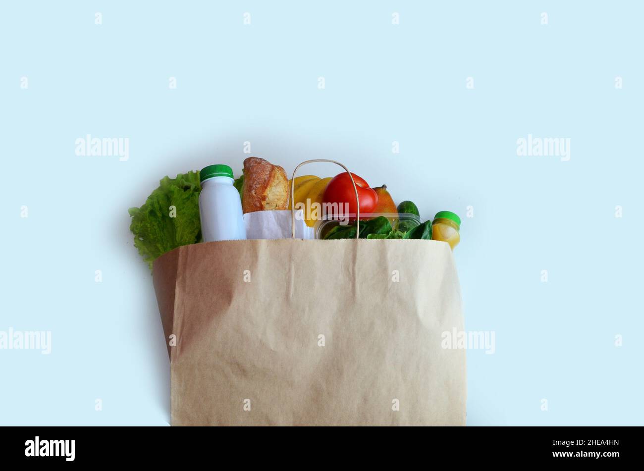 Healthy food in package of different fruits and vegetables, top view ...