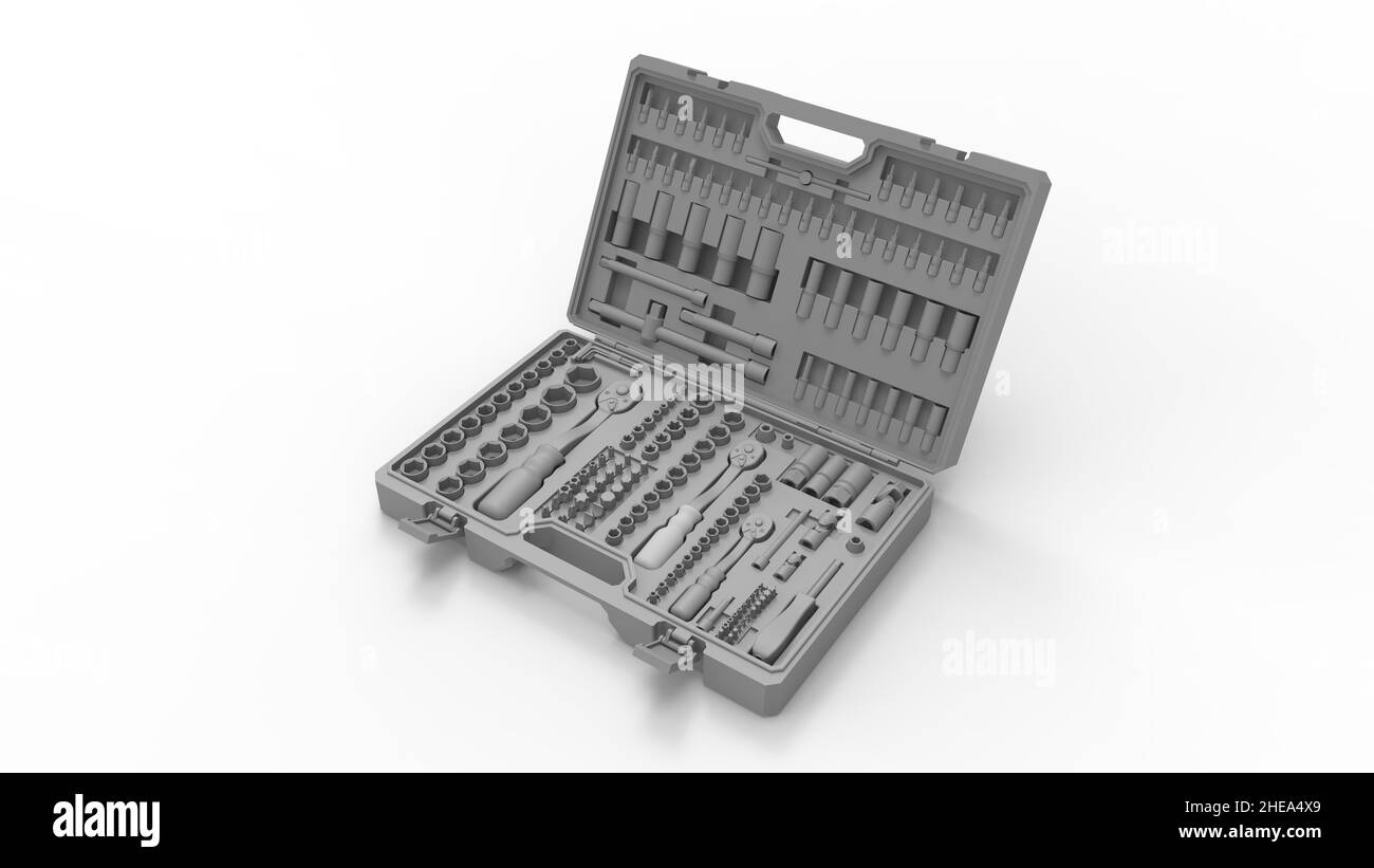 3D rendering of a multi purpose toolbox tools displayed open in empty ...