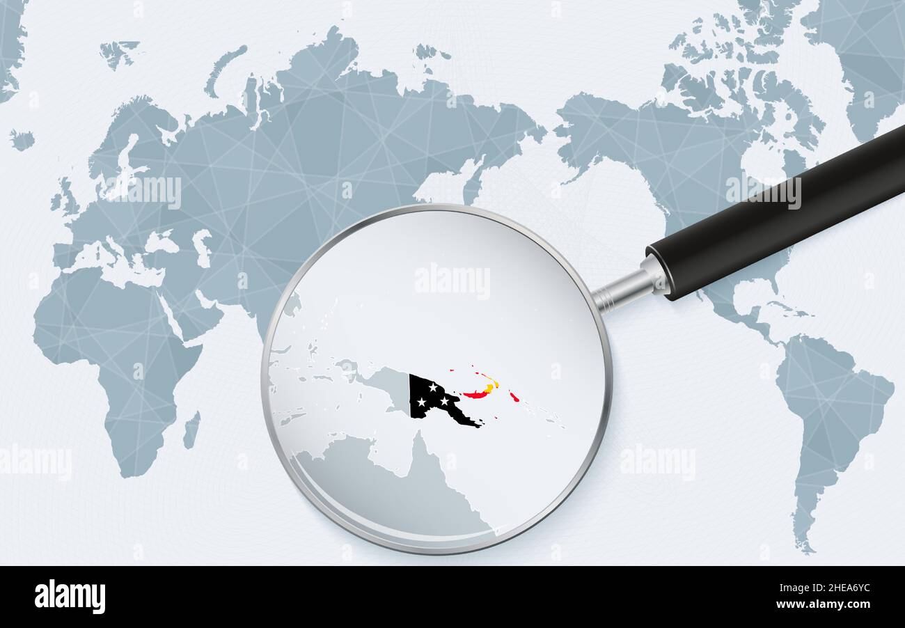 Asia centered world map with magnified glass on Papua New Guinea. Focus ...