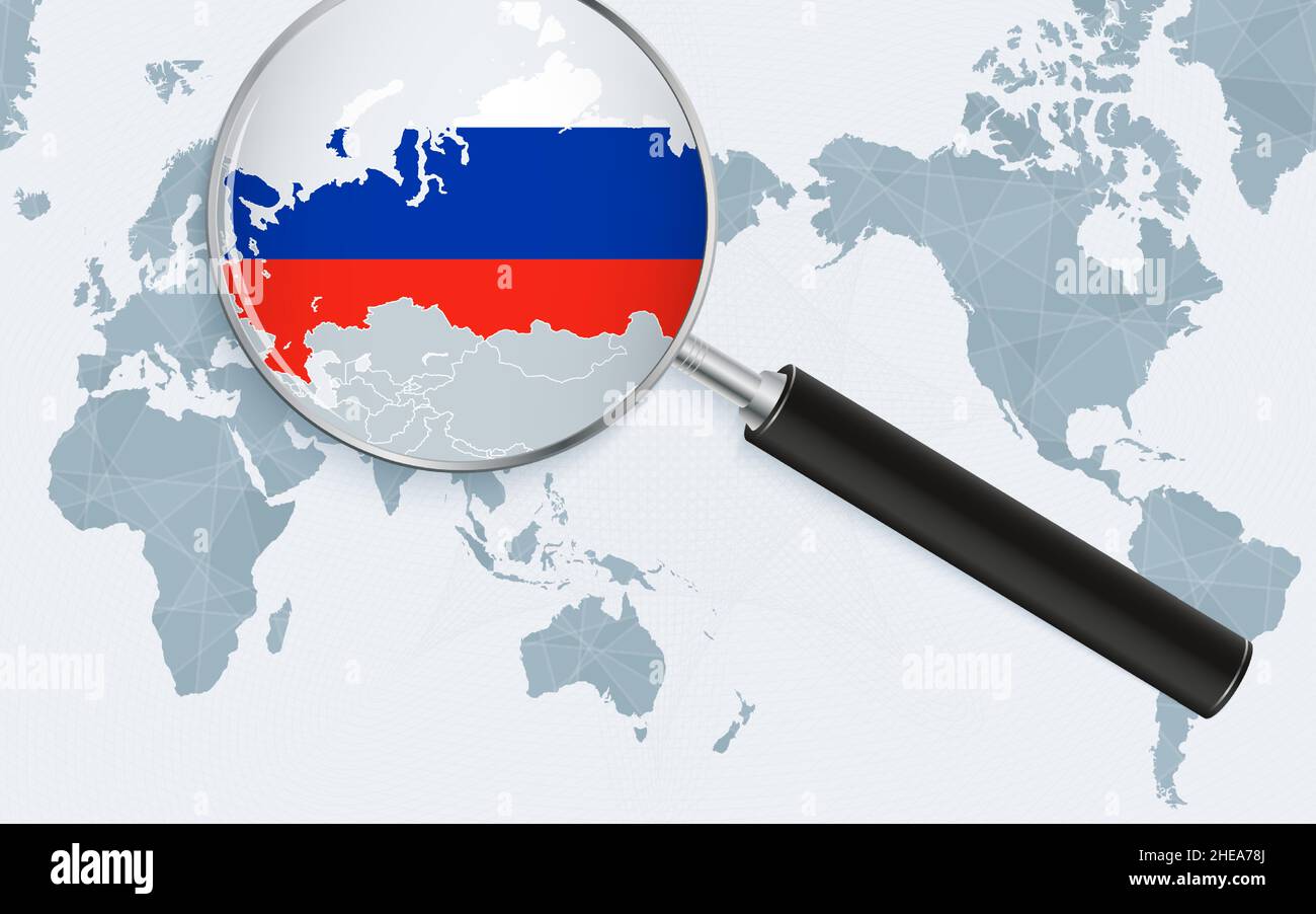 Asia centered world map with magnified glass on Russia. Focus on map of ...