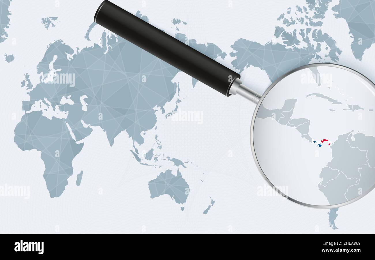 Asia centered world map with magnified glass on Panama. Focus on map of ...