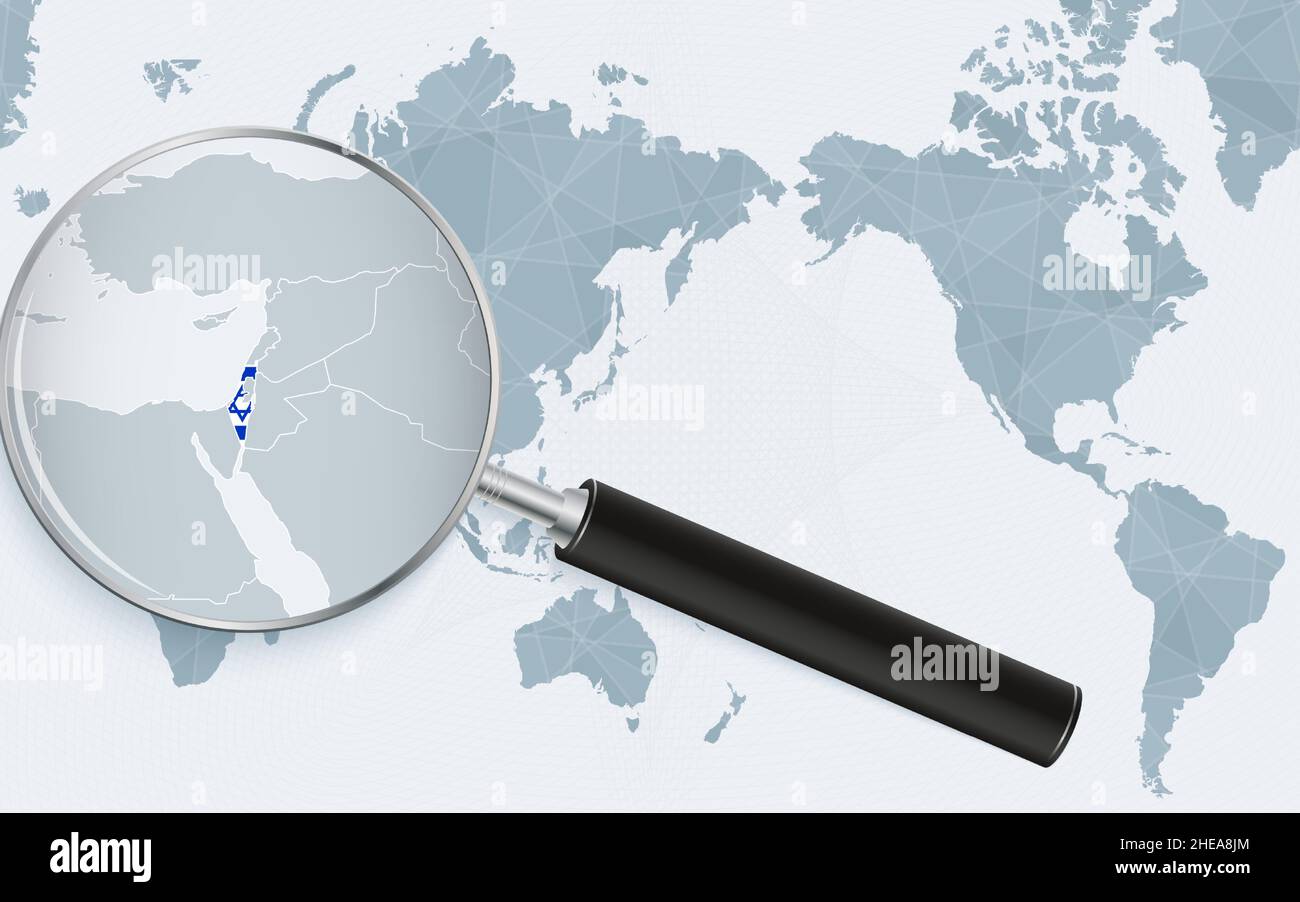 Asia centered world map with magnified glass on Israel. Focus on map of ...