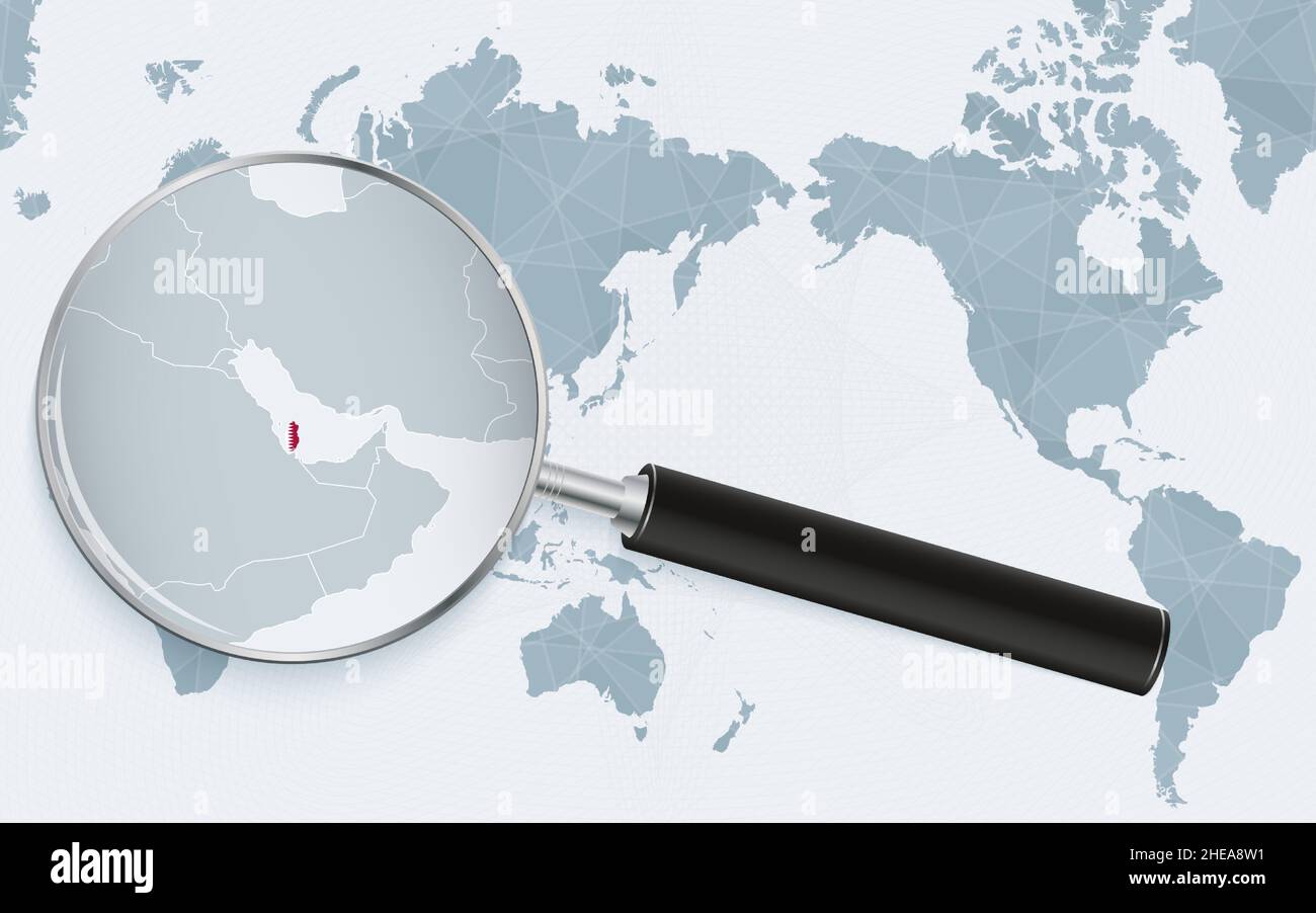 Asia centered world map with magnified glass on Qatar. Focus on map of ...