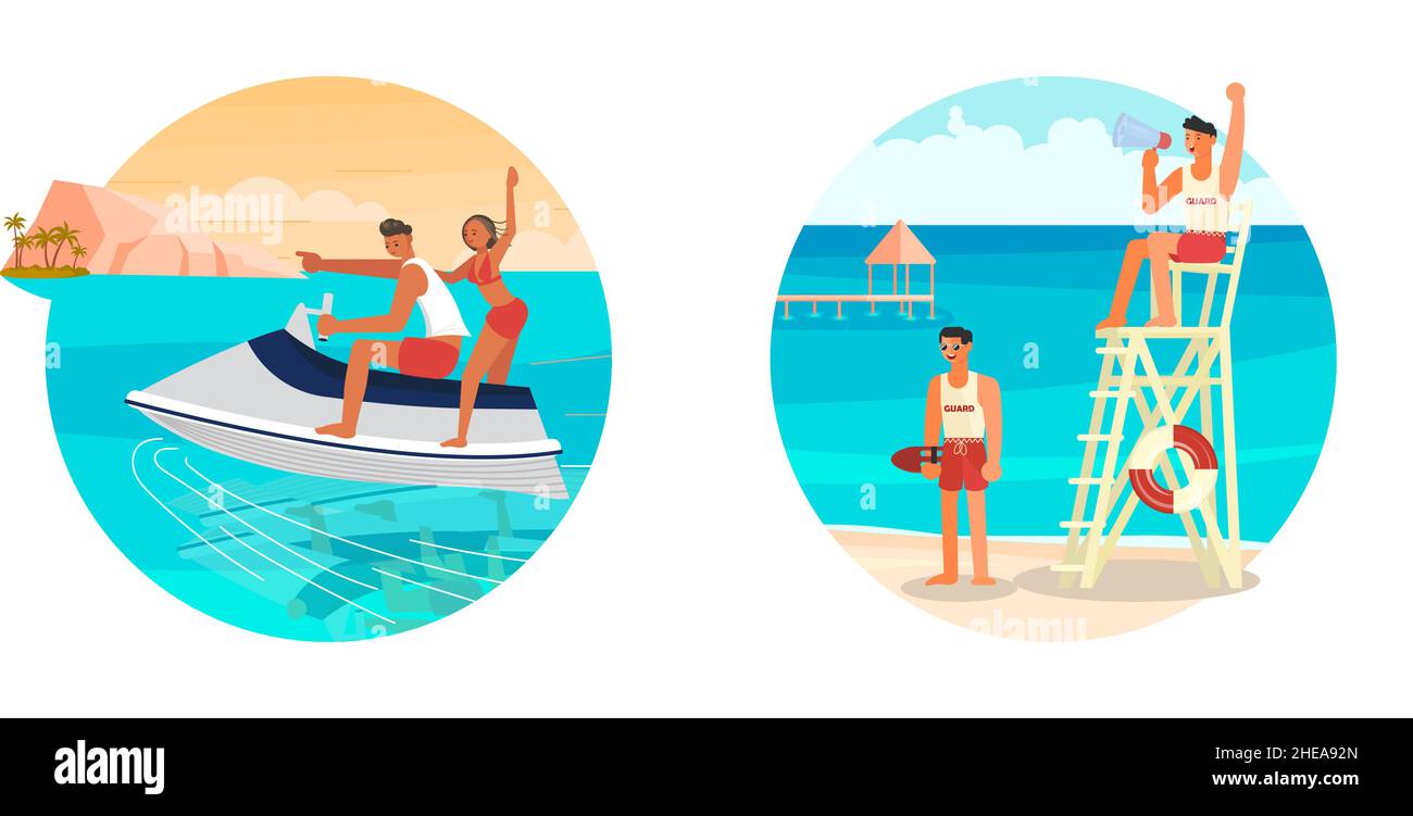 Round icon water activity. Male lifeguards, professional rescuer on the ...