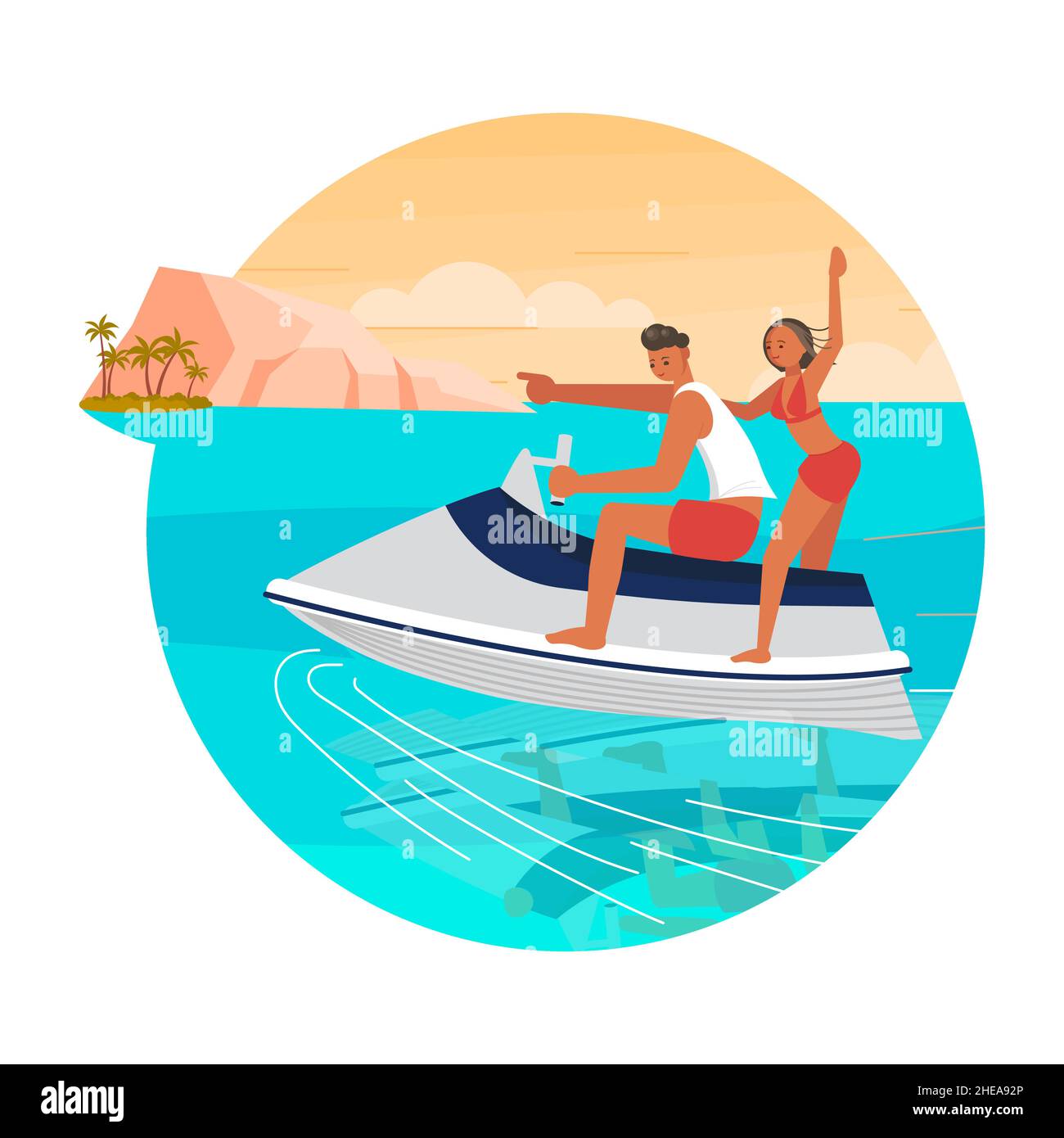Round icon water activity. A young man and woman race on aquabike. Flat ...