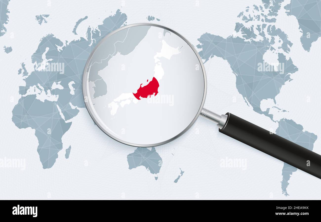 Asia centered world map with magnified glass on Japan. Focus on map of ...