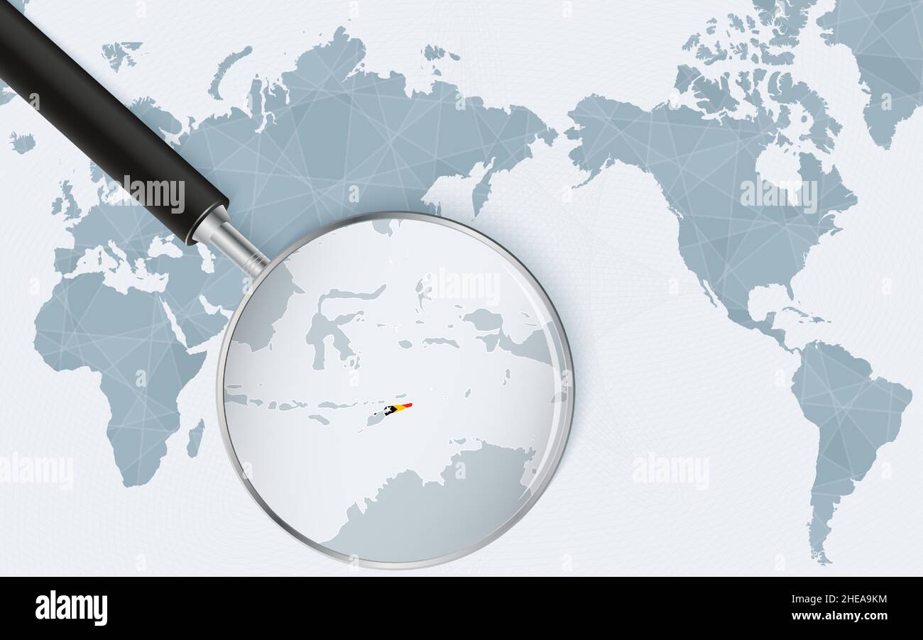Asia centered world map with magnified glass on East Timor. Focus on ...