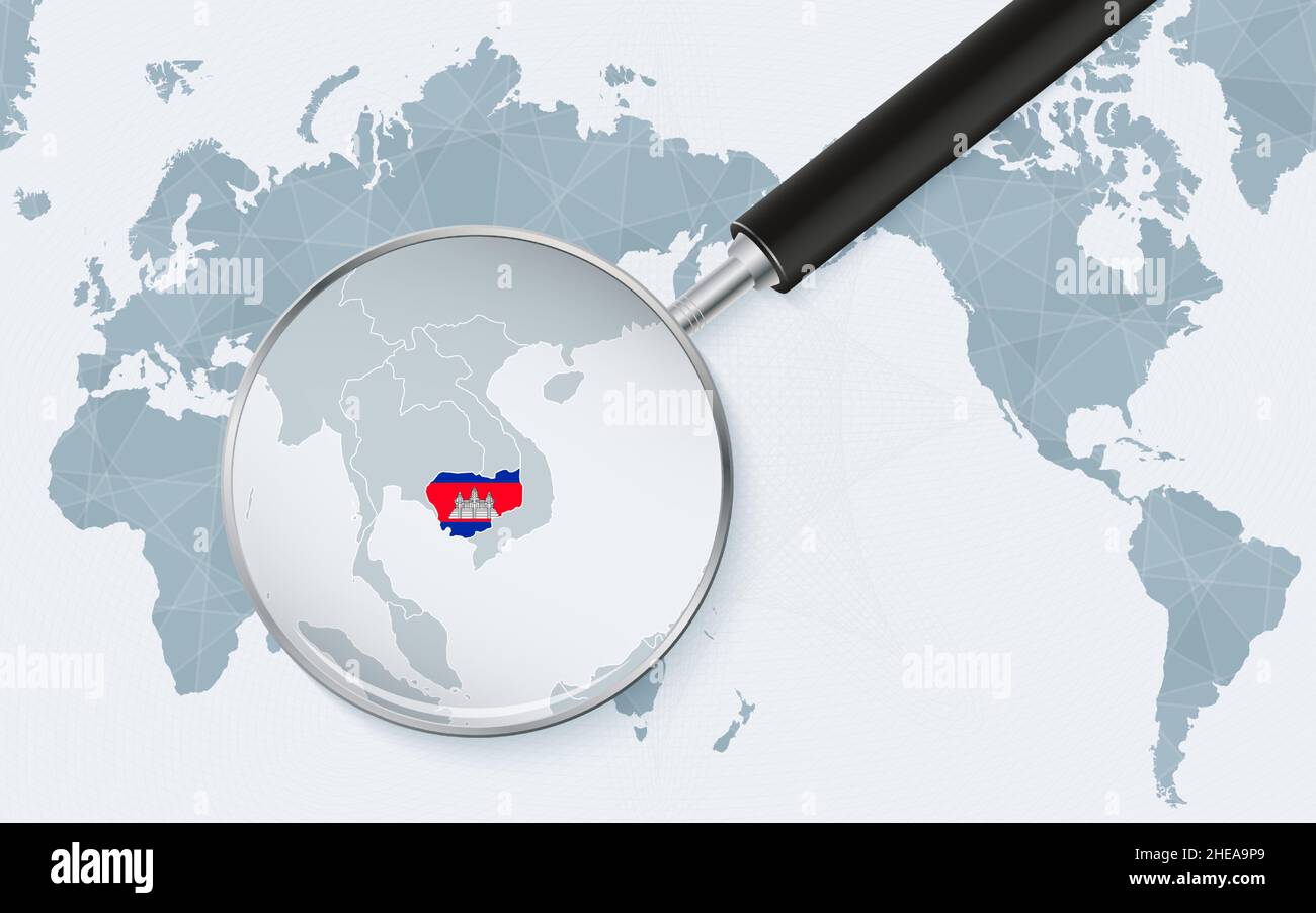 Asia centered world map with magnified glass on Cambodia. Focus on map ...