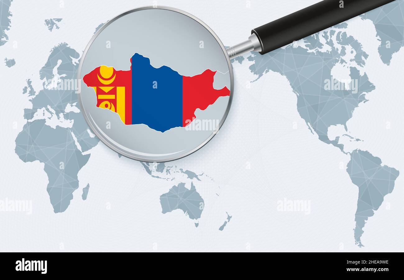 Asia centered world map with magnified glass on Mongolia. Focus on map ...