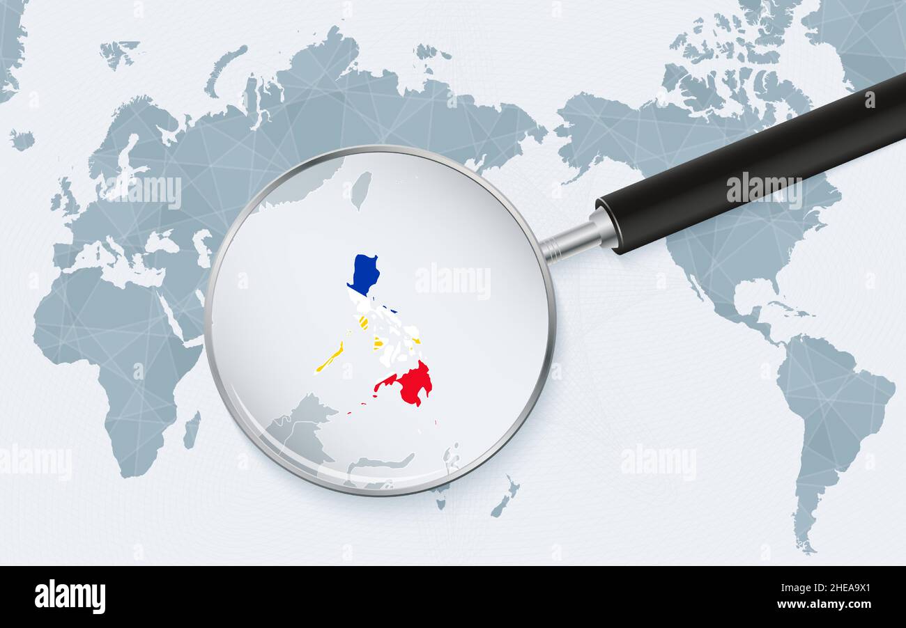 Asia centered world map with magnified glass on Philippines. Focus on ...