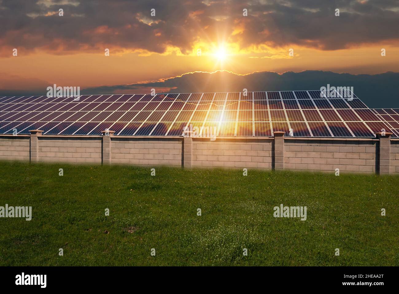 Photo collage of sunset and solar panel, photovoltaic, alternative ...