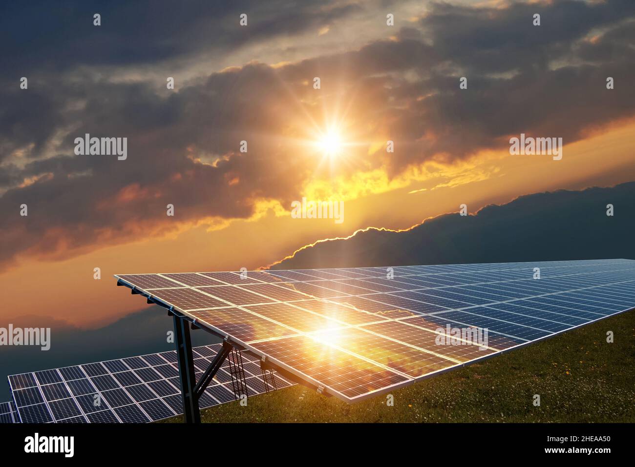 Photo collage of sunset and solar panel, photovoltaic, alternative ...