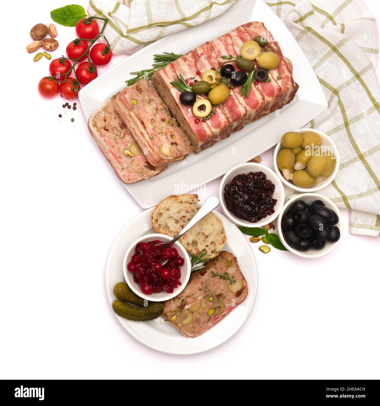 Traditional French terrine covered with bacon isolated on white ...