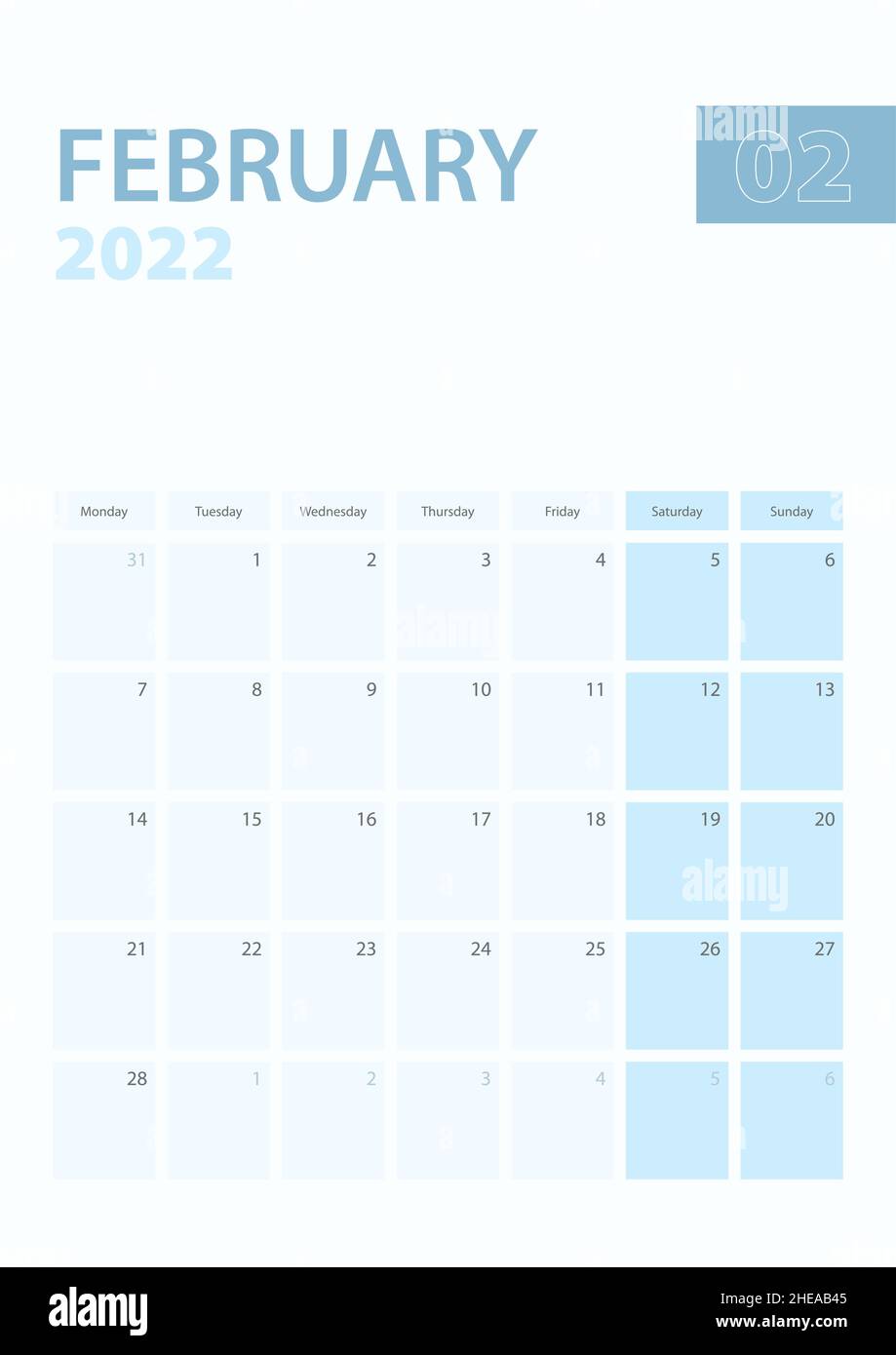 Vertical calendar page of February 2022, Week starts from Monday ...