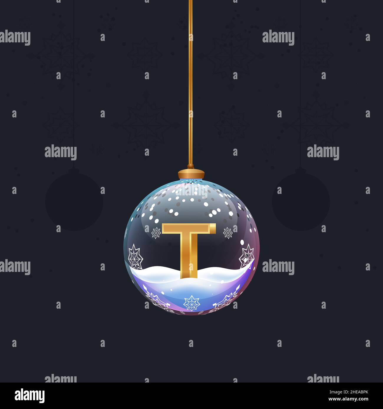 Alphabet letter in glass christmas tree toy. Golden 3D letter T inside ...