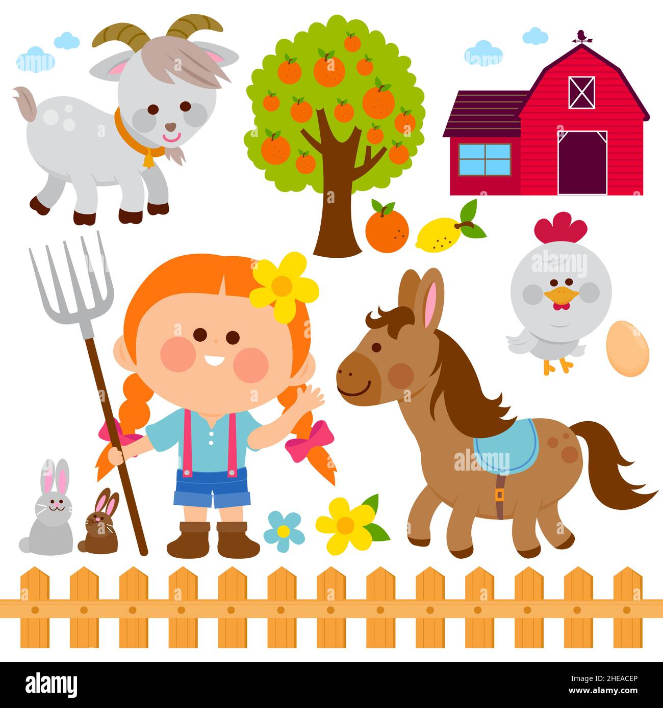 Farmer girl in the garden and cute animals. Happy child at the farm ...