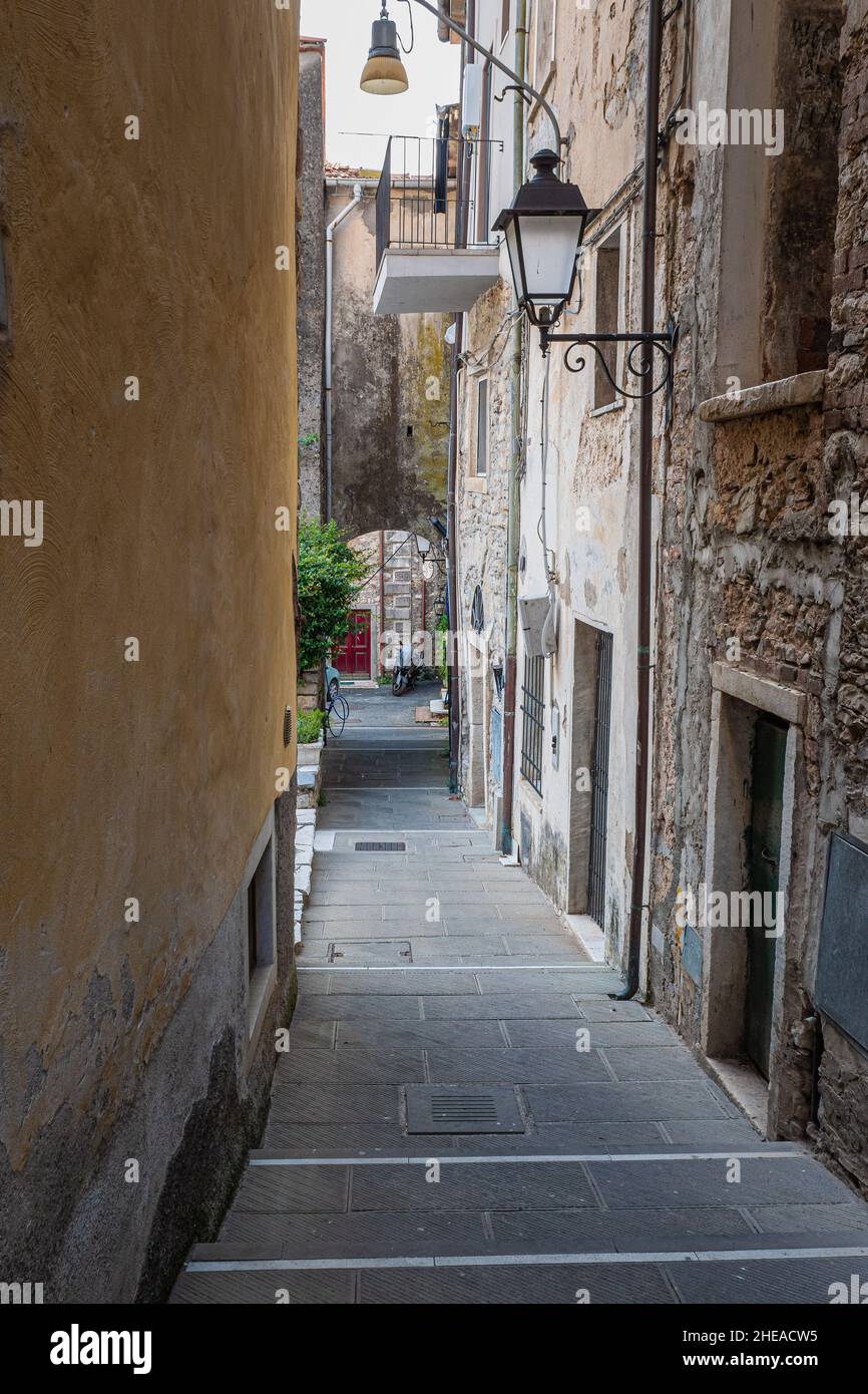 Narrow Street with Ancient Walls, antique Lamp Post in the Village of ...