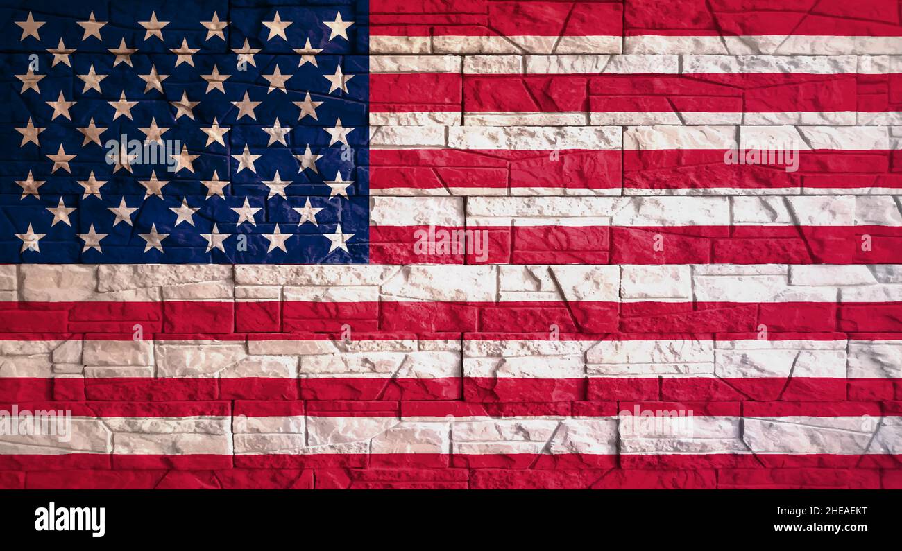 American flag with gray stone wall tiles texture. Texture of old poster ...