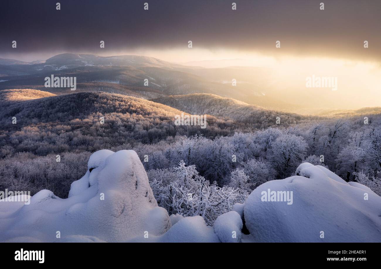 Panorama sunset colored sky winter snow clouds in Slovakia nature ...