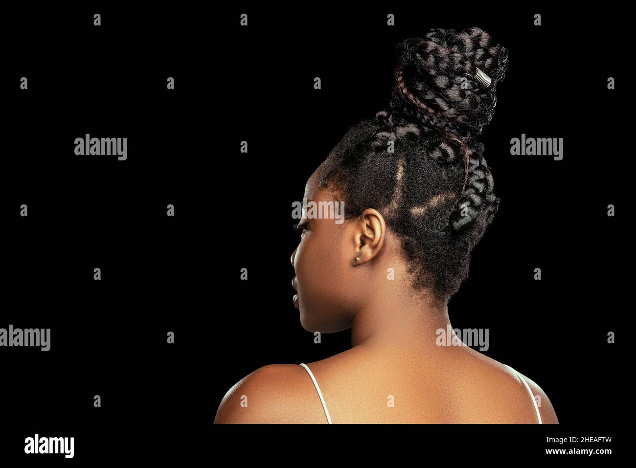 Back view. Studio shot of young african-american female fashion model ...