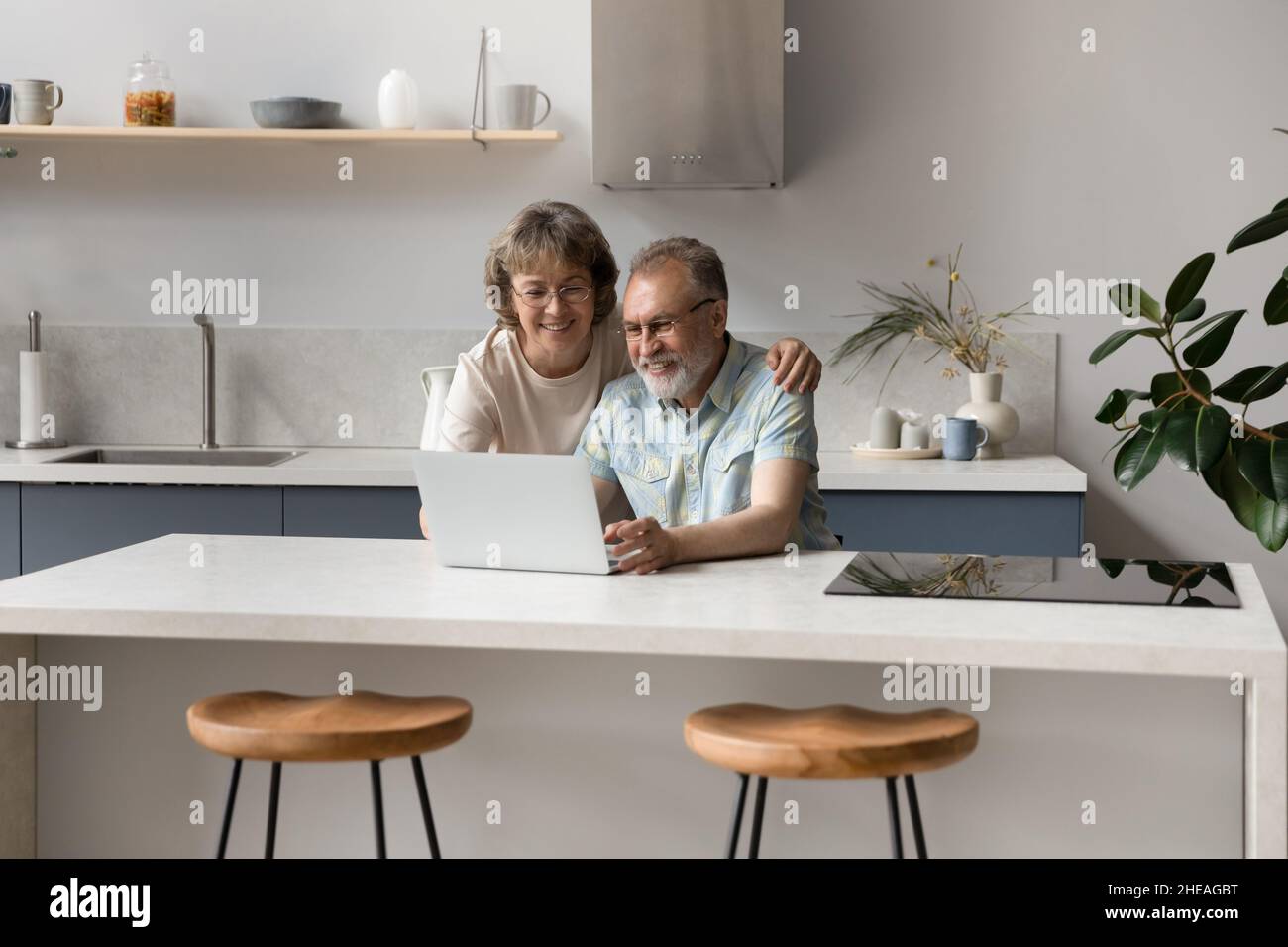 Smiling old middle aged couple using computer apps Stock Photo - Alamy