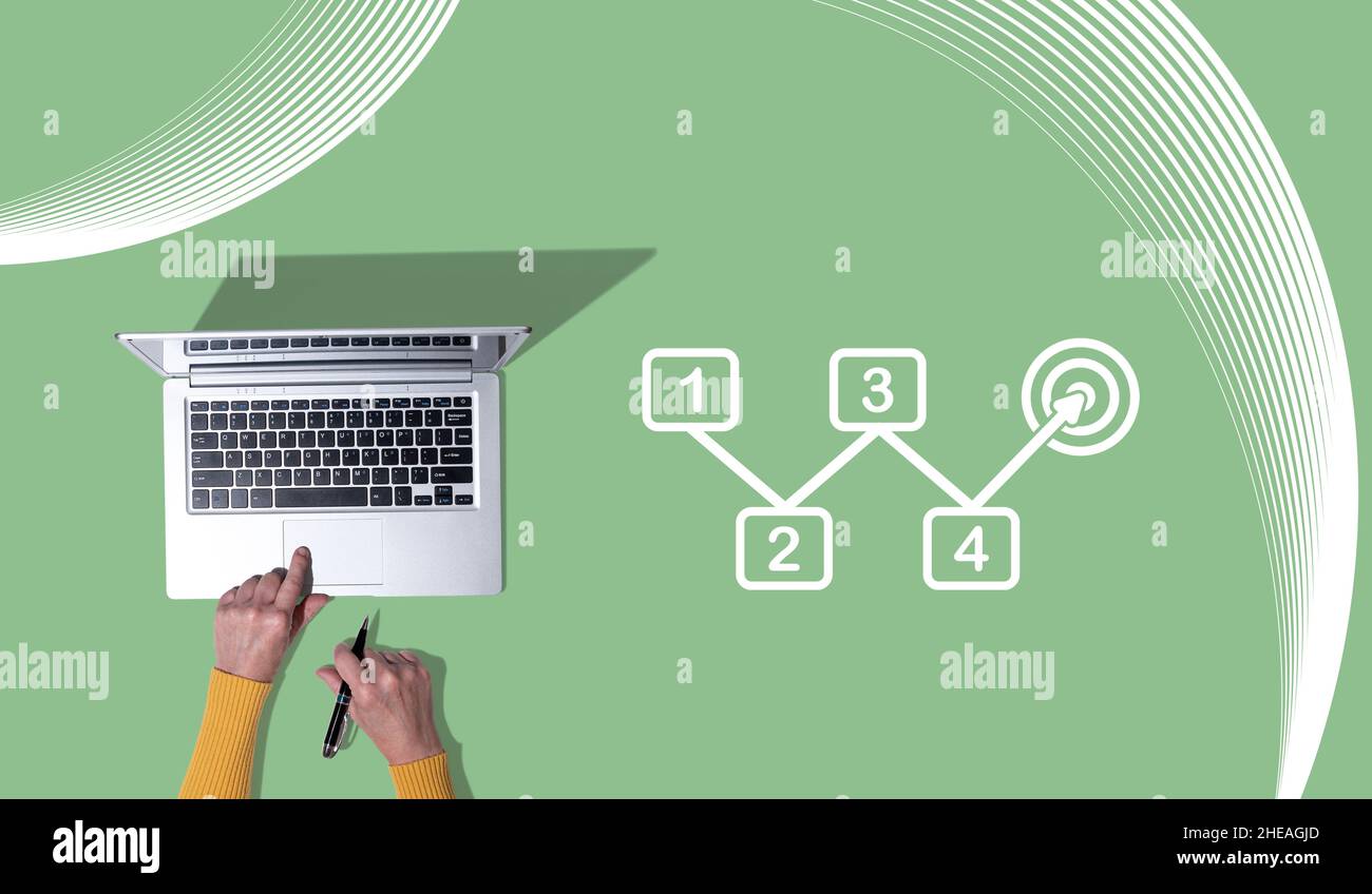 Top view of hands using laptop with symbol of action plan concept Stock ...