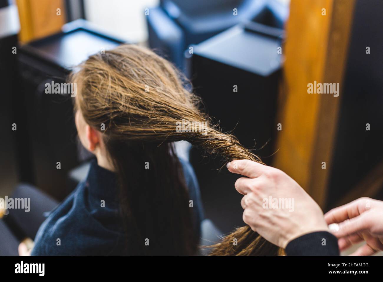 Master woman hairdresser carefully applies hi-res stock photography and ...