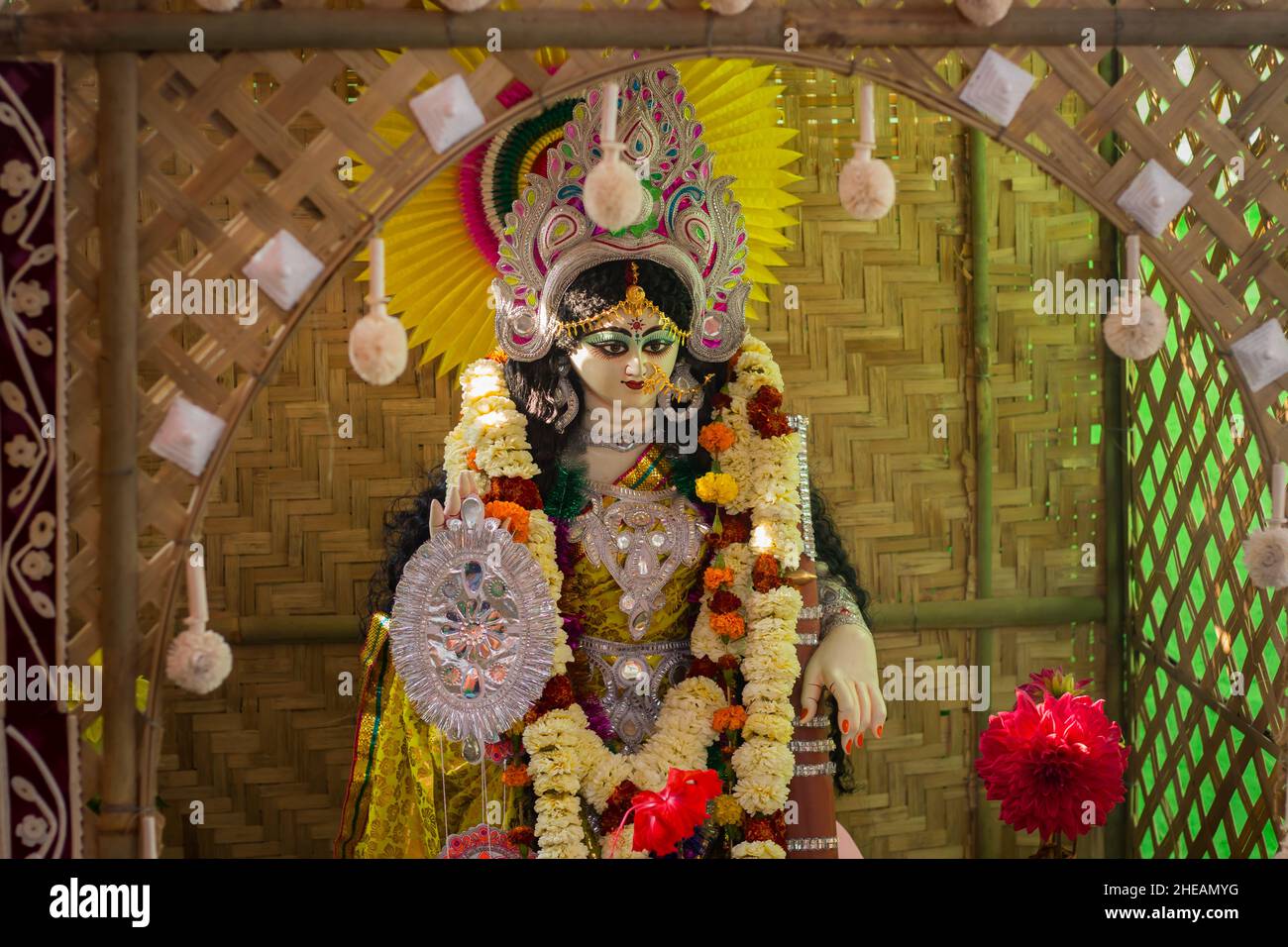 idol of hindu goddess saraswati being worshipped during saraswati puja ...