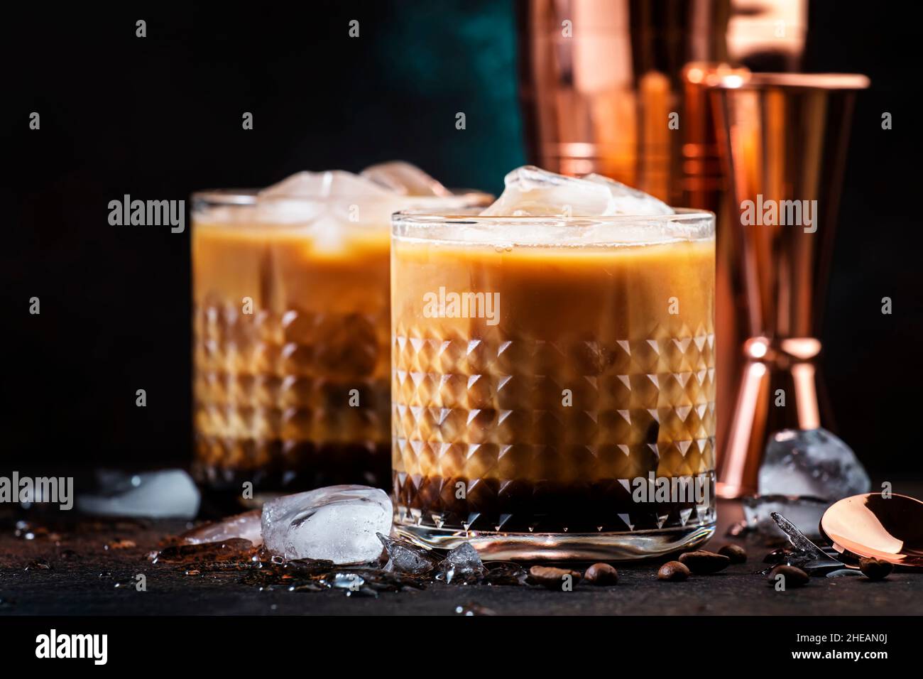 White russian alcoholi cocktail drink with vodka, coffee liqueur, cream ...