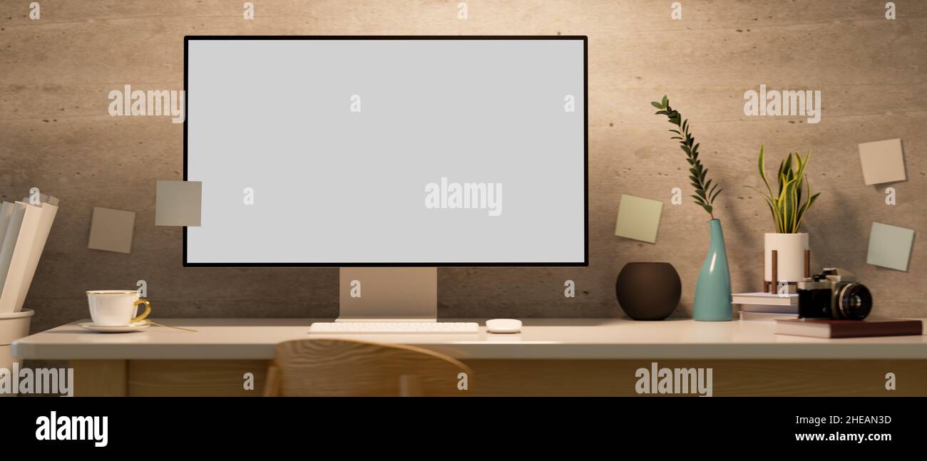Close-up computer desk with modern pc desktop computer blank screen ...