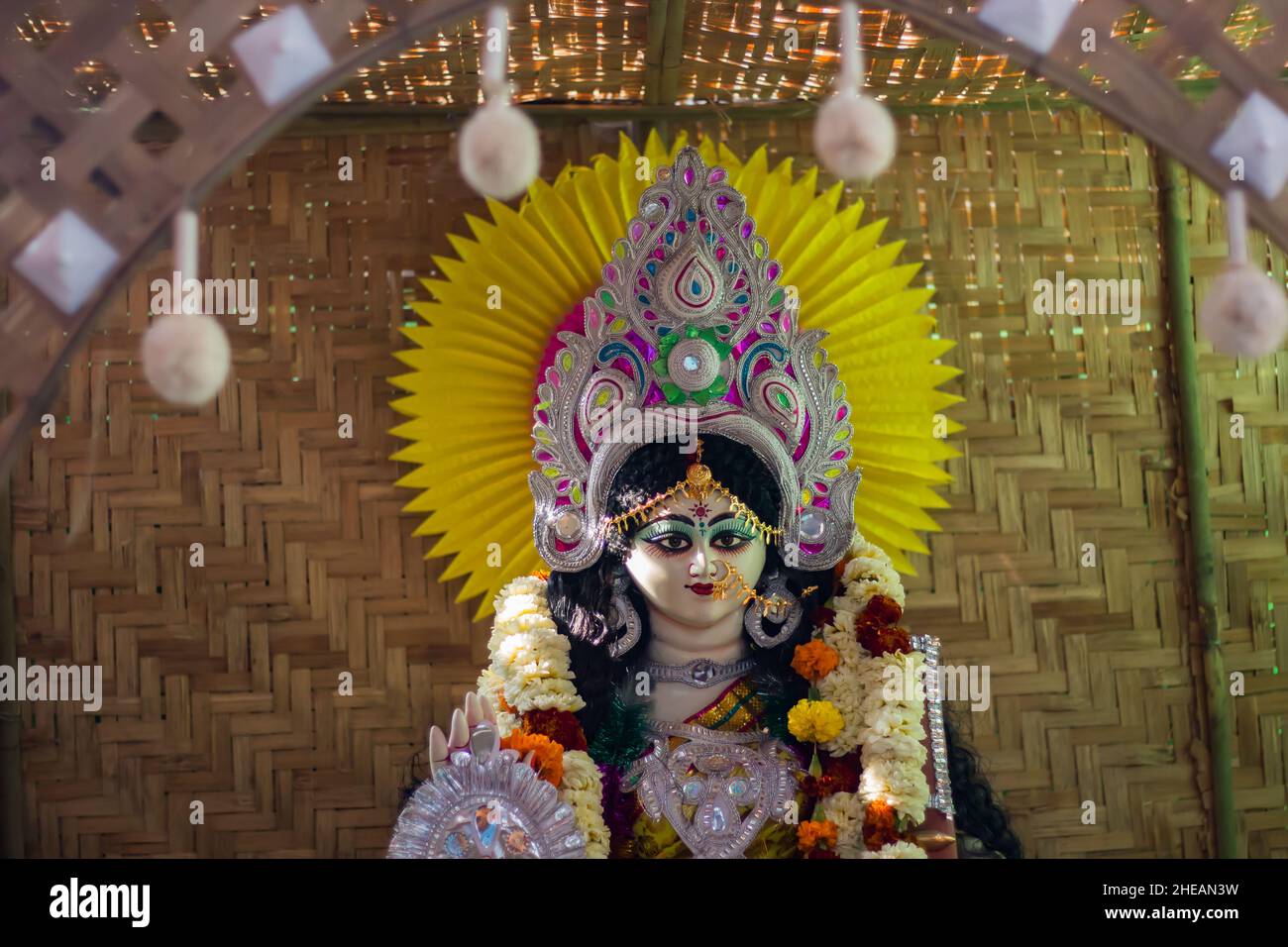 idol of hindu goddess saraswati being worshipped during saraswati puja ...