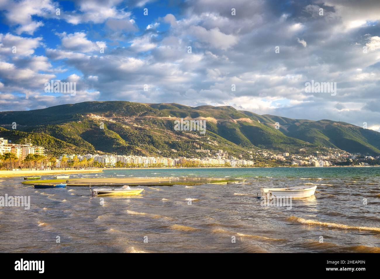 Sunset Over the Sea with Fishing Boats, Beautiful Nature Background ...