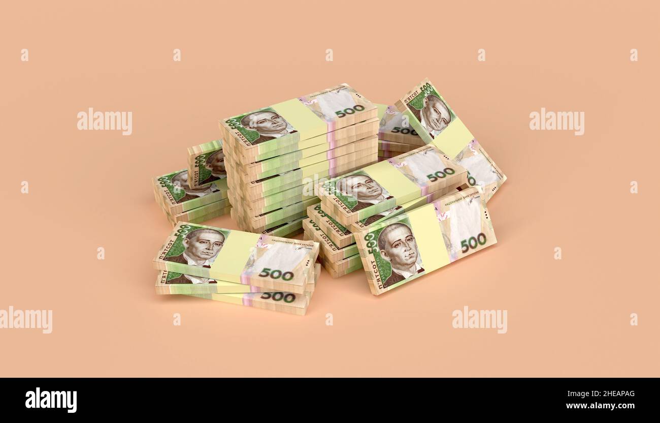 Stack of ukrainian money hryvnia (grivna, hryvna) with 500 banknotes ...