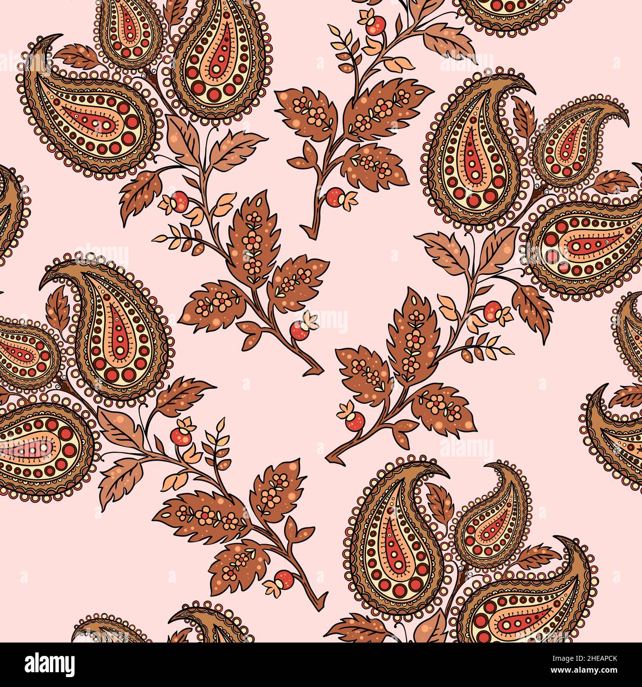 Illustration raster seamless paisley pattern with patterns on a pink ...