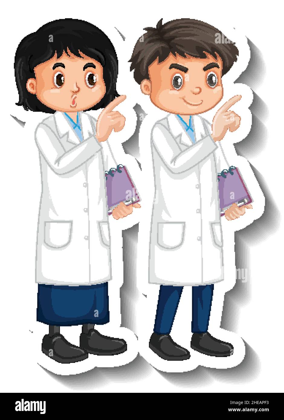 Scientist couple kids cartoon character sticker illustration Stock ...